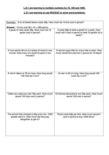 KS2 Maths x10 x100 x1000 word problems | Teaching Resources