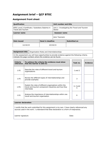Level 3 BTEC Travel and Tourism (QCF) Unit 1 Assignment Briefs | Teaching Resources