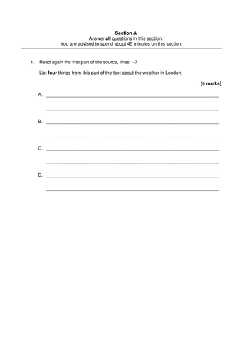 AQA Paper 1 Language Section A, Q1, 2, 3 and 4 NEW 9-1 | Teaching Resources