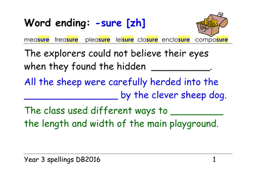 Year 3 spellings: word endings: -sure [zh] [measure] and ture [ch ...
