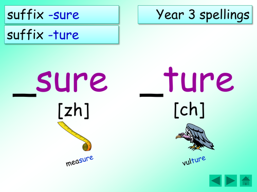 Year 3 spellings: word endings: -sure [zh] [measure] and ture [ch ...