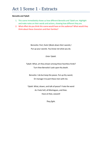 Romeo and Juliet - Act 1 Resources | Teaching Resources