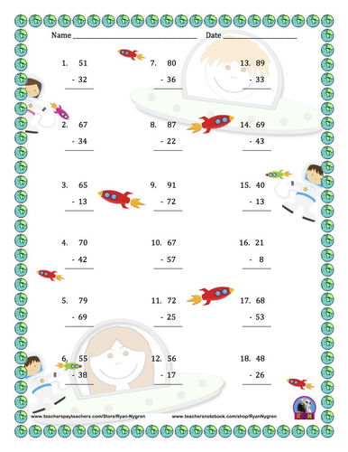Two Digit Addition and Subtraction Worksheet Bundle - Space (60 Pages ...
