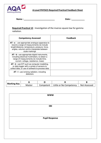 Physics A' Level Assessed Practical Cover Sheets (Pracs 1 to 12 ...