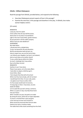 New Spec A-Level AQA English Literature GCE Othello Practice Questions ...