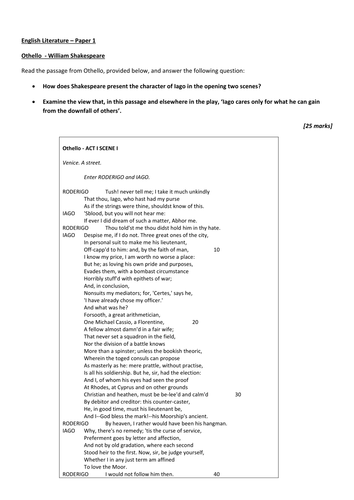 New Spec A-Level AQA English Literature GCE Othello Practice Questions ...
