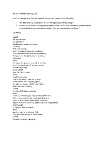 New Spec A-Level AQA English Literature GCE Othello Practice Questions ...