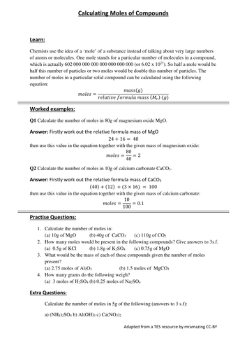Chemistry: Calculating moles of a compound | Teaching Resources