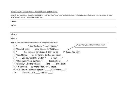 HOMOPHONE ACTIVITY. HERE/HEAR + MEET/MEAT. Correction task and answers ...