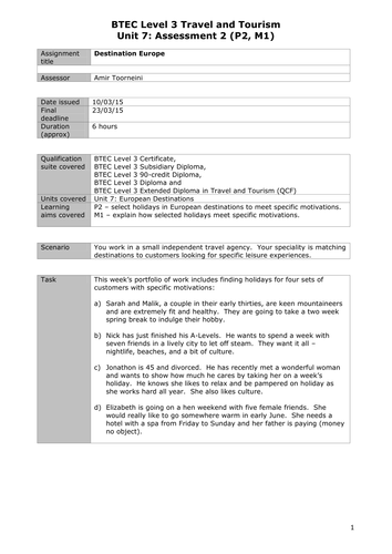 Level 3 BTEC Travel and Tourism (QCF) Unit 7 Assignment Briefs ... Level 3 BTEC Travel and Tourism (QCF) Unit 7 Assignment Briefs ...