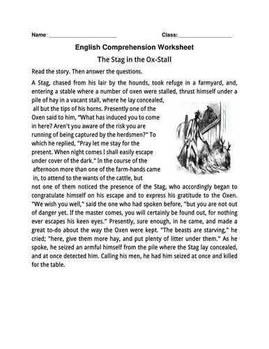 English Comprehension Worksheet | Teaching Resources