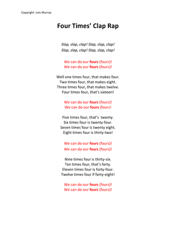 Four Times' Table Song | Teaching Resources