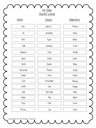 Nouns, Verbs and Adjectives – Mr Stink | Teaching Resources