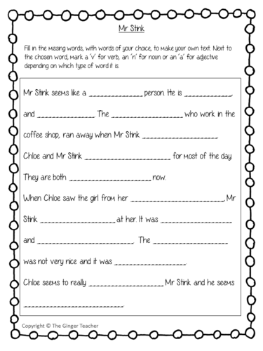 Nouns, Verbs and Adjectives – Mr Stink | Teaching Resources
