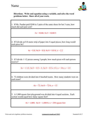 Solve Equations for Unknowns - 6.EE.7 | Teaching Resources