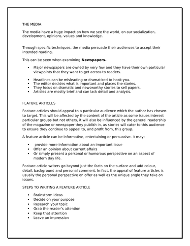 Introduction to feature articles and their components | Teaching Resources