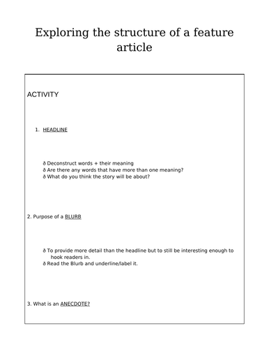Introduction to feature articles and their components | Teaching Resources