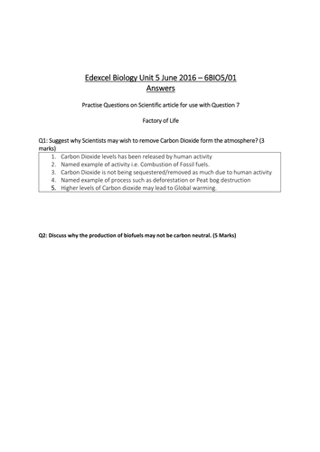 Edexcel Biology Unit 5 June 2016 Pre- release Scientific Article ...