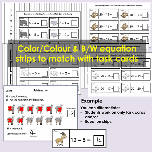 Subtraction Taking Away Animal Pictures Activity Task Cards Equations ...
