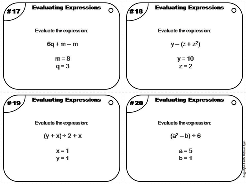 Evaluating Expressions Task Cards | Teaching Resources