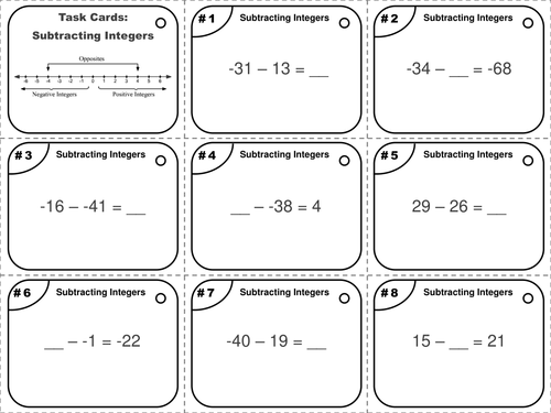 Subtracting Integers Task Cards | Teaching Resources