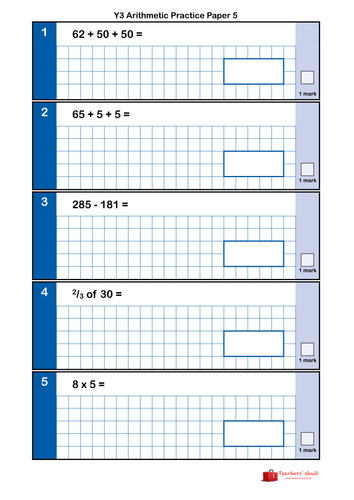 Y3 Arithmetic Practice Paper 5 by - UK Teaching Resources - TES