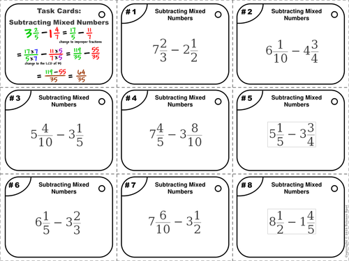 Subtracting Mixed Numbers Task Cards | Teaching Resources