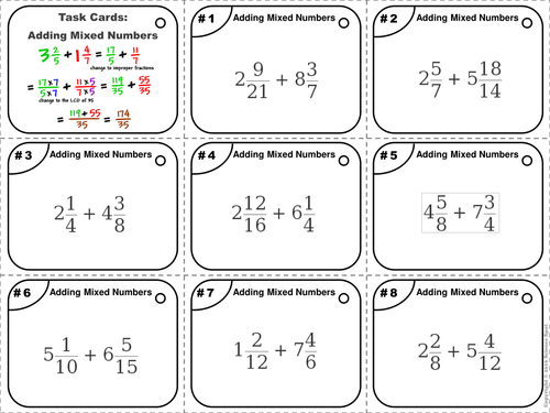 Adding Mixed Numbers Task Cards | Teaching Resources