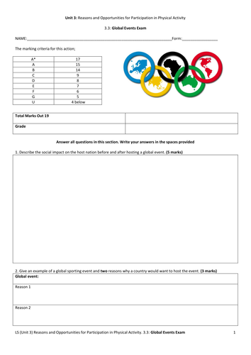 IGCSE PE 3.3. Global Events | Teaching Resources