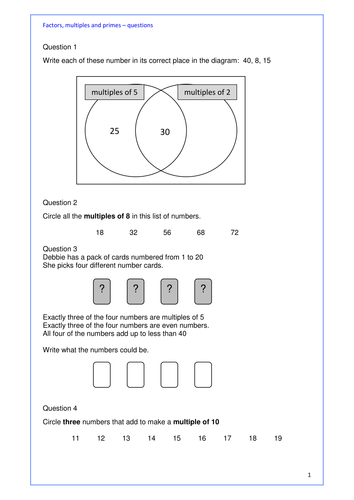 Maths KS2, KS3 or GCSE revision. Factors, multiples and prime numbers ...