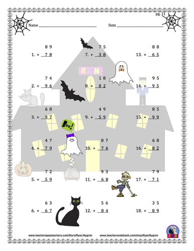 Two Digit Addition - Halloween Themed Worksheets - Vertical | Teaching ...