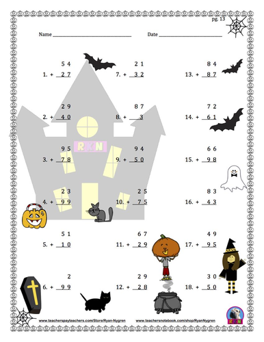 Two Digit Addition - Halloween Themed Worksheets - Vertical | Teaching ...