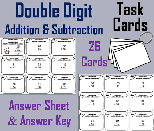 Double Digit Addition and Subtraction Task Cards/ 2 Digit Addition and ...