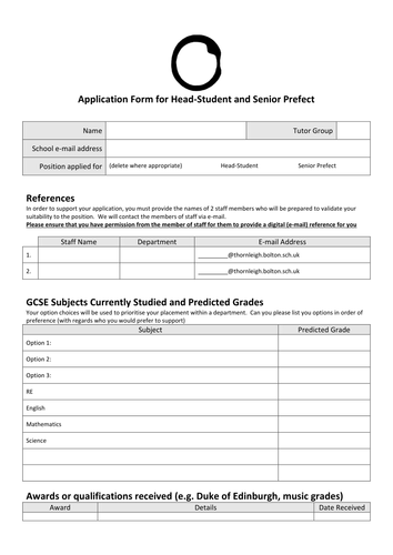 Head Student and Senior Prefect Application Form and Job Description ...