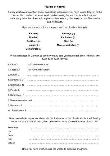 KS2/3 German: plurals of nouns worksheet | Teaching Resources