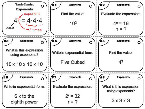 Exponents Task Cards | Teaching Resources