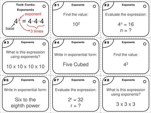 Exponents Task Cards | Teaching Resources