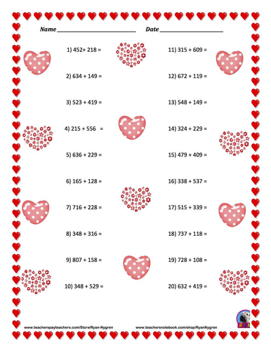 Three Digit Addition - Valentine's Day Themed Worksheets - 15 pages ...