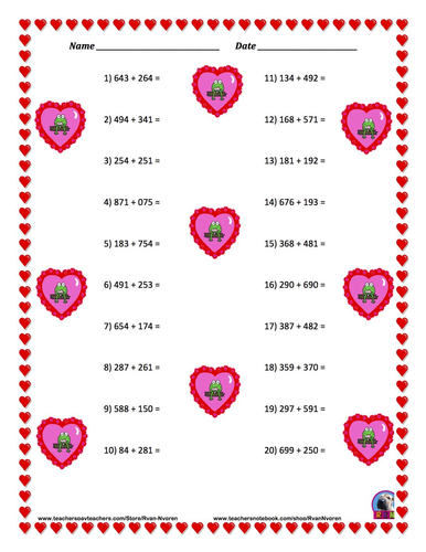 Three Digit Addition - Valentine's Day Themed Worksheets - 15 pages ...