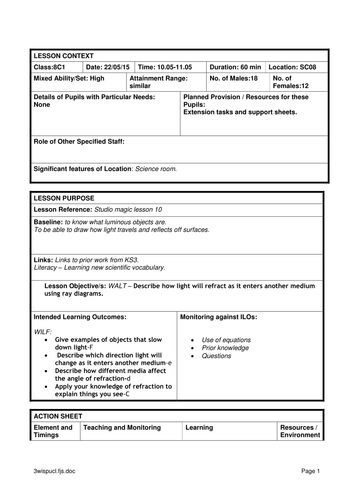 Refraction Yr 7 Yr 8 Full lesson with Worksheet, support sheet and ...