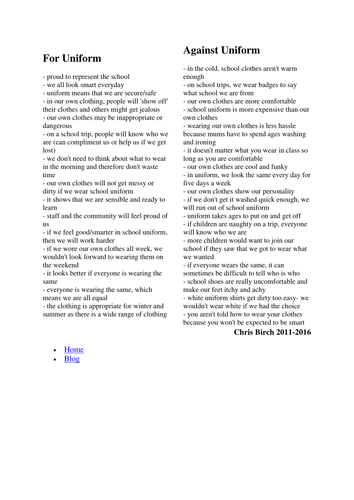 For and against ideas (persuasive writing)for wearing school uniform ...
