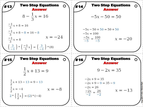 Two Step Equations Task Cards | Teaching Resources