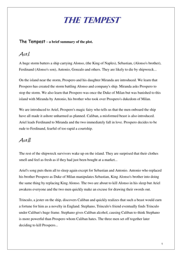 The Tempest - Shakespeare - Notes, activities and essays at Key Stage 3 ...