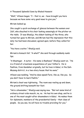 'A Thousand Splendid Suns' reading task | Teaching Resources