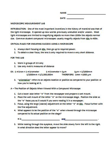 Biology Microscope Measurement Lab | Teaching Resources