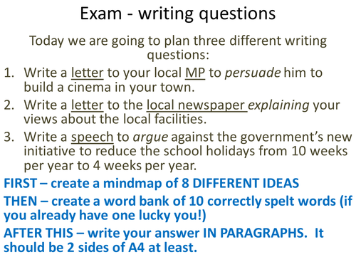 Writing questions for a one off exam style lesson new GCSE argue ...