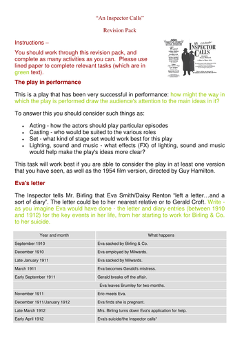 An Inspector Calls Revision for holiday homework or half term homework ...