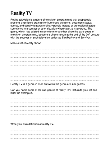 Reality TV Task: Hunger Games | Teaching Resources