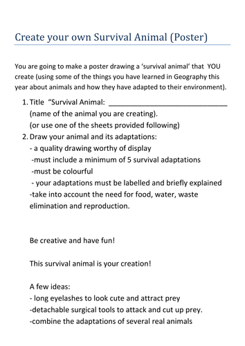 Create your own survival animal activity | Teaching Resources