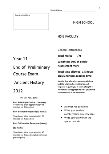 Ancient History Examinations Year 11 | Teaching Resources